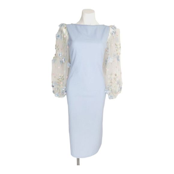 SHEIN | Dresses | Shein Blue Dress With Sheer Floral Applique Sleeves ...